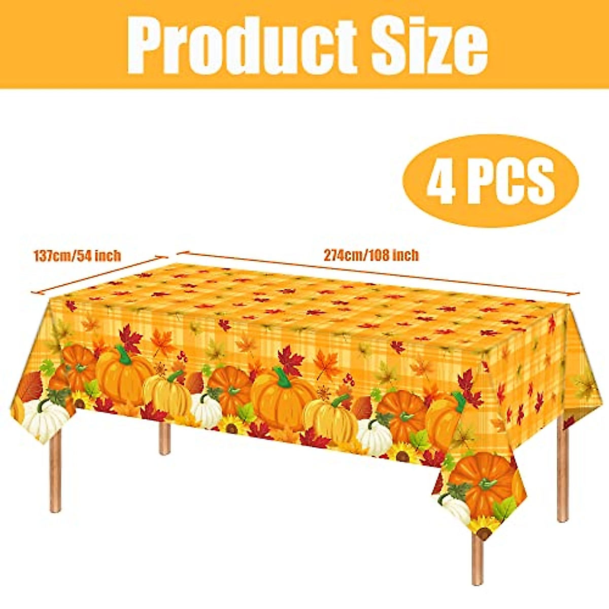 Set of 4 Fall Plastic Tablecloths Pumpkin Maple Leaf Table Covers Fall Plaid Disposable Tablecloths Autumn Checkered Waterproof Tablecloth for Thanksgiving Party Supplies Halloween, 54 x 108 Inch