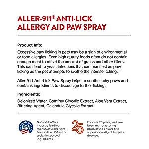 NaturVet Aller-911 Anti-Lick Paw Spray for Dogs & Cats – Includes Aloe Vera – Helps Sooth Itchy Paws, Offers Dog & Cat Allergy Support – Helps Discourage Pet Licking – 8 Oz. Spray