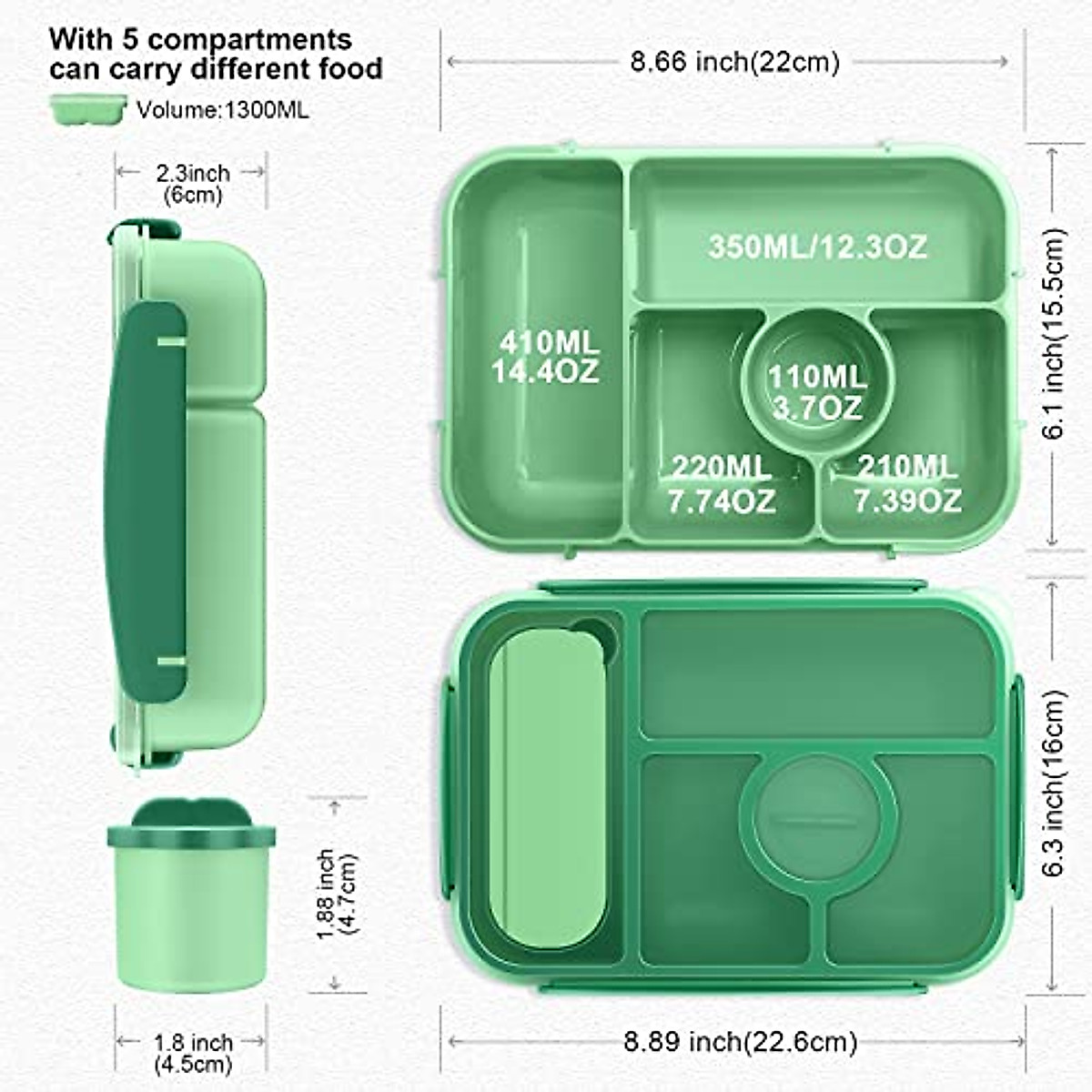 Amathley Bento box adult lunch box,lunch box kids,lunch containers for Adults/Kids/Toddler,5 Compartments bento Lunch box for kids with Sauce Vontainers,Microwave & Dishwasher & Freezer Safe, BPA Free(Green)