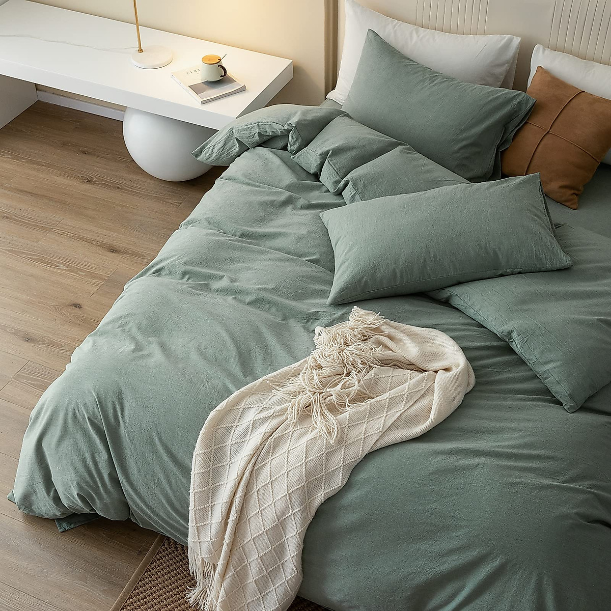 JIYUAN 100% Washed Cotton Duvet Cover Set Comfy Simple Style Soft Breathable Textured Durable Linen Feel Bedding for All Seasons Queen, Green