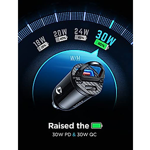 USB C Car Charger Fast Charge, 60W Smallest USB Car Charger Flush Fit AINOPE 30W QC&30W PD Fast Cigarette Lighter USB Charger Compatible with iPhone 14 pro max/13/12, Samsung S22/S20, iPad, MacBook