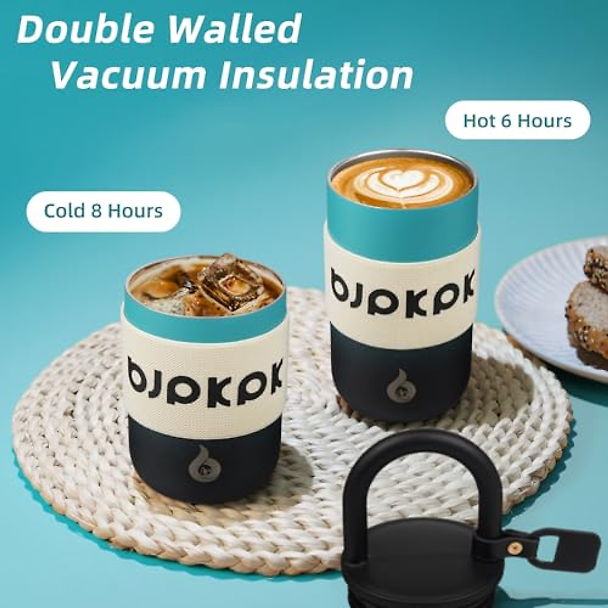 BJPKPK 13oz Insulated Loop Tumbler With Lid And Handle Stainless Steel Travel Coffee Mug Thermal Cups,TealBlack