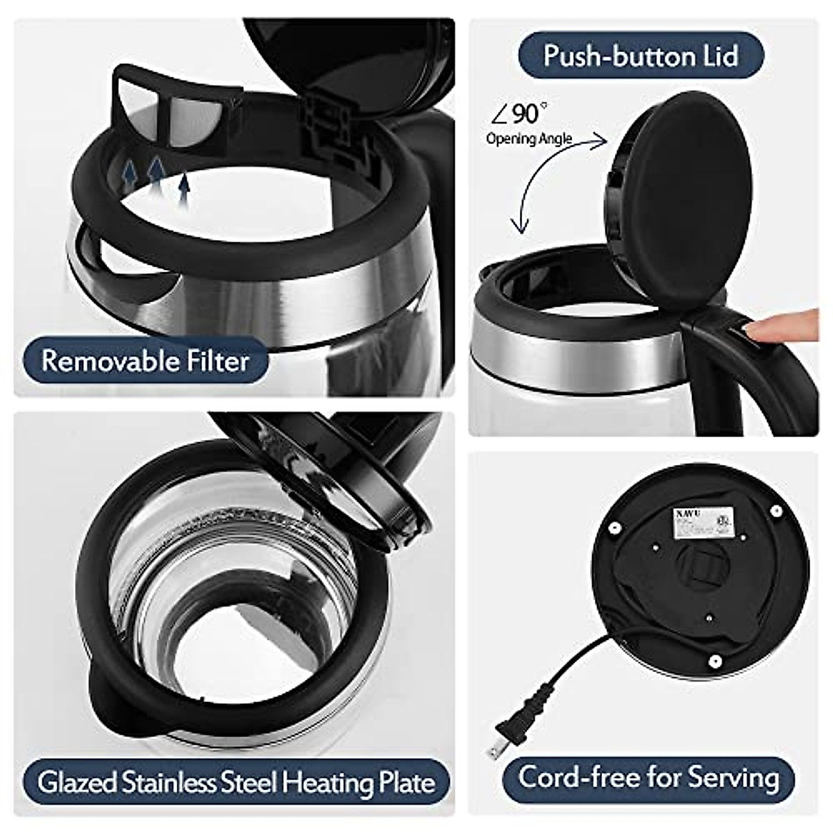 NAVU Electric Kettle 1500W, Wide Opening, 1.7 Liter Glass Tea Kettle and Hot Water Boiler, Cordless, LED Indicator, Auto Shut-Off & Boil-Dry Protection, BPA-Free Matte Black