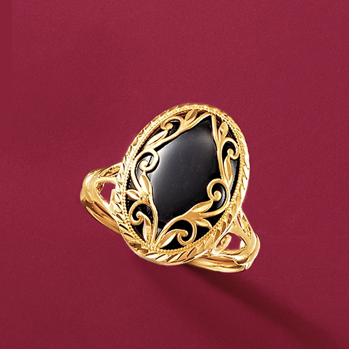 Ross-Simons Black Onyx Scrollwork Ring in 14kt Yellow Gold. Size 9