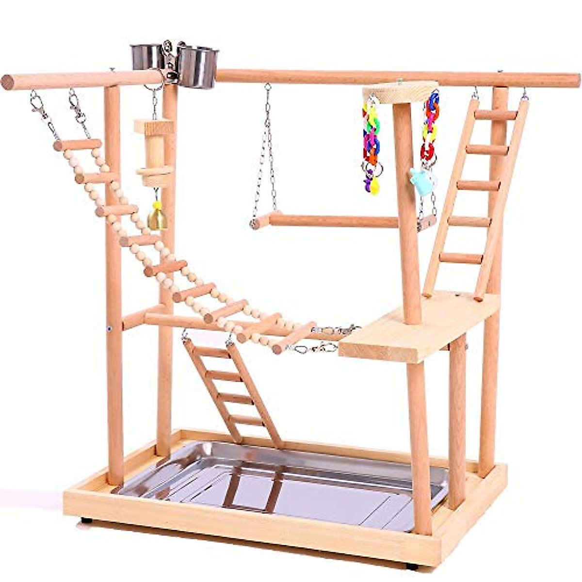 QBLEEV Wood Parrot Playground Perches with Swing,Birds Chewing Climbing Ladder Toys, Bird Training Play Stands Feer Cups for Parakeets Conures Cockatiel Lovebirds (18.7" L *12.8" W *20.87" H)