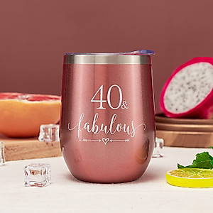 Crisky Rose Gold 40 & Fabulous Wine Tumbler for Women 40th Birthday Gifts for Women, Wife, Mom, Sister, Aunt, Friends, Coworker Her, Vacuum Insulated Coffee Cup,12oz with Box, Lid, Straw