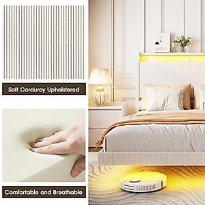 Fameill Queen Size Floating Bed Frame Metal Platform Bed with Charging Station, LED Lights, Comfy Corduroy, Tall Headboard Queen Bed Frame, No Box Spring Needed, Easy Assembly, Beige