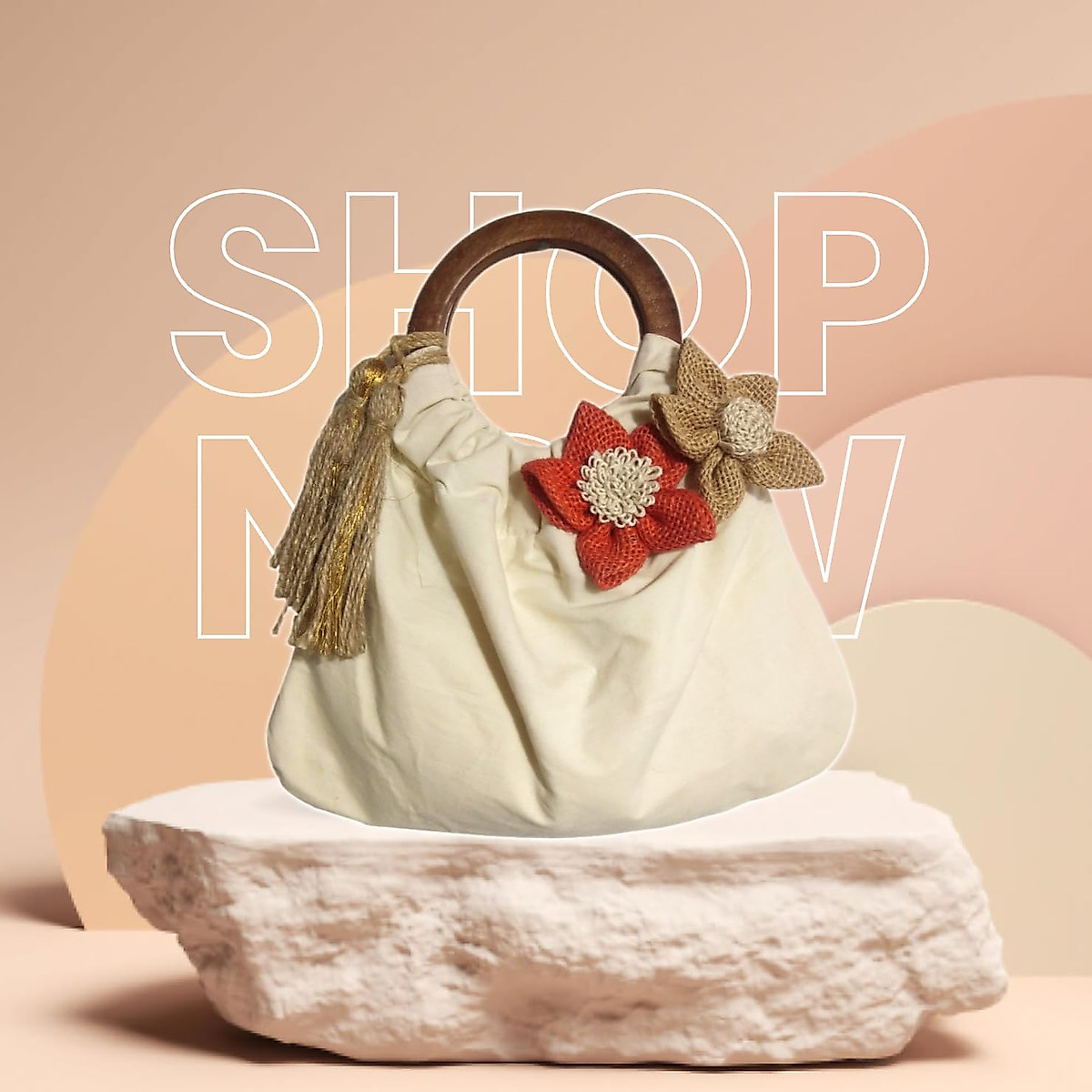 athizay top handle handbags Handcrafted Bow Jute Flower wooden handles potli bags for women artisan hand carry bags (Off white, Orange, Brown)