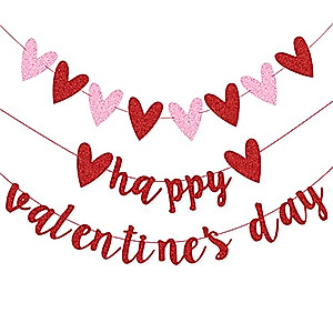 Red Glittery Happy Valentines Day Banner and Red Pink Glittery Heart Garland Banner Valentines Day Decorations No DIY Romantic Paper Garland Banner Valentine Day Bunting Photo Props