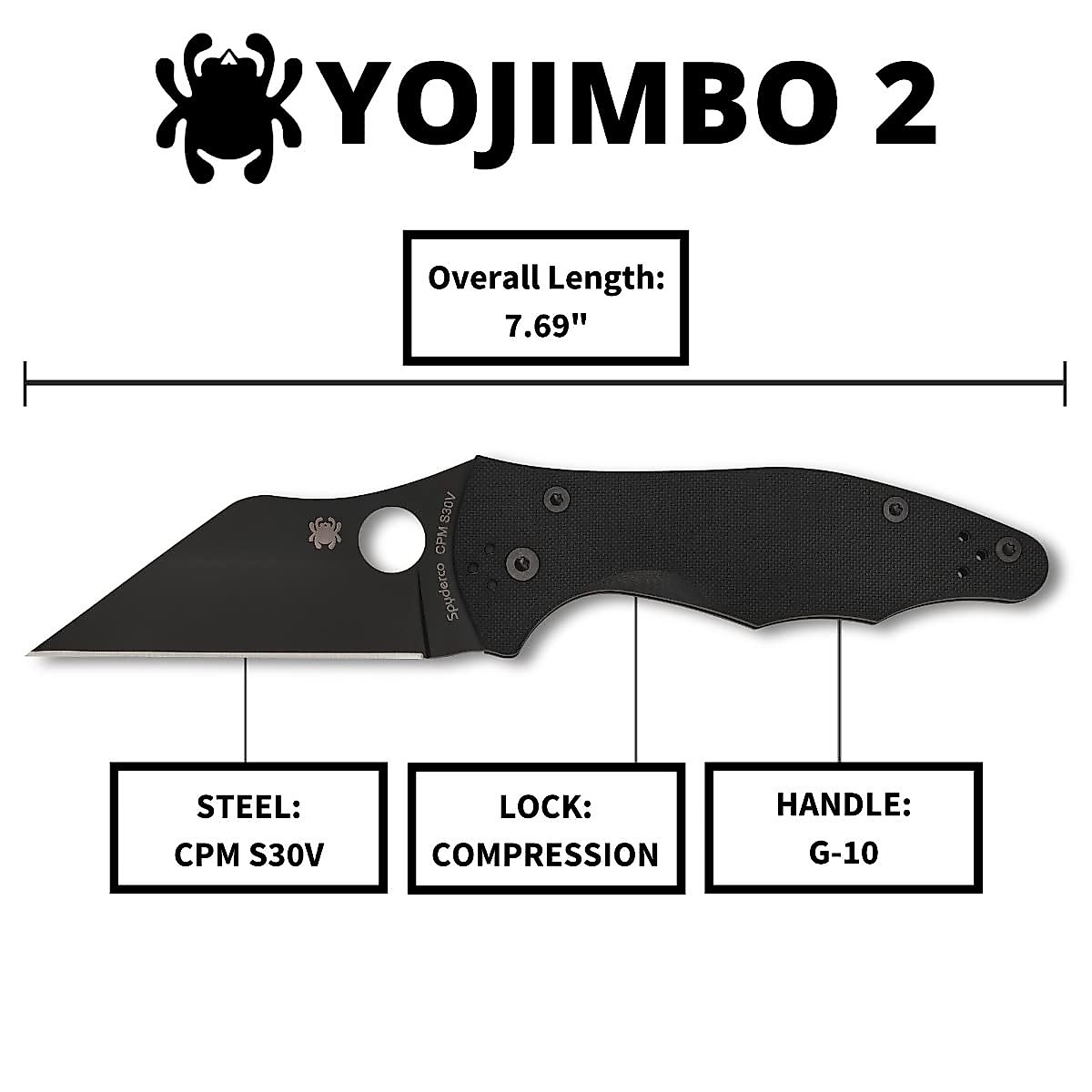Spyderco Yojimbo 2 Specialty Tactical Knife with 3.2" CPM S30V Steel Black Wharncliffe Blade and Durable Black G-10 Handle - PlainEdge - C85GPBBK2