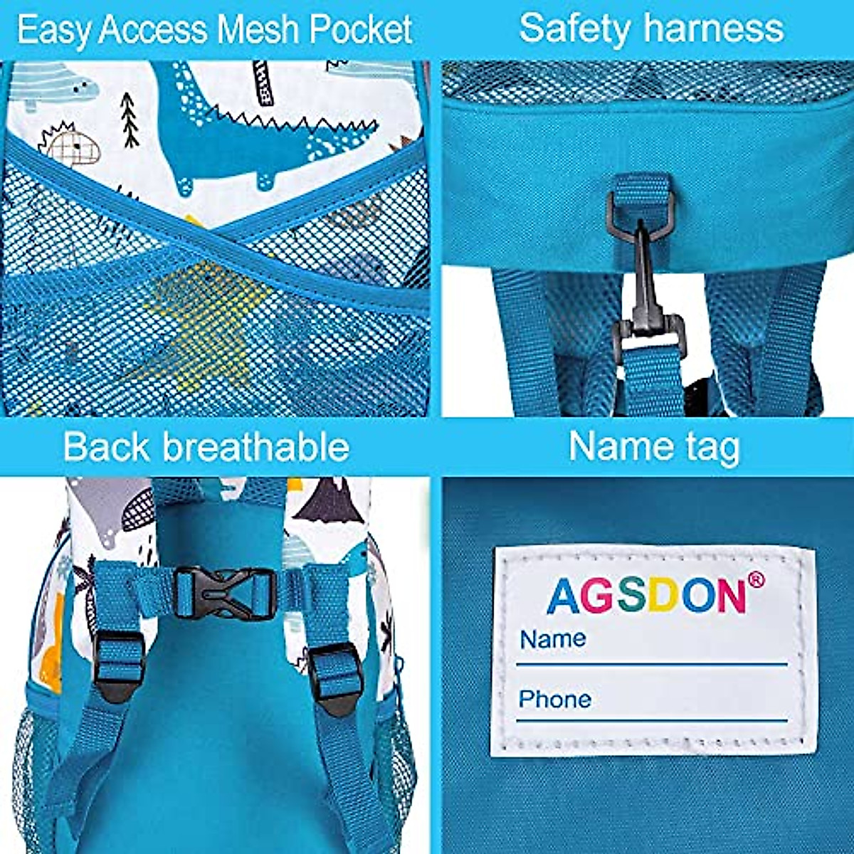 AGSDON Toddler Backpack with Leash, 9.5" Baby Dinosaur Safety Leashes Removable Tether Bookbag