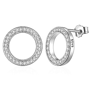 NewZenro CZ Circle Minimalist Halo S925 Sterling Silver Stud Earrings for Women Round Hollow Open Statement Geometric Cubic Zirconia Post Hypoallergenic Pierced Jewelry Gifts 11mm (White Gold Plated)