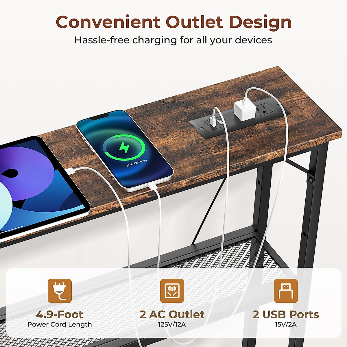 Tatub 78.8" Behind Couch Table with 2 Power Outlets&Led Light, Narrow Console Table Rustic Sofa Table, Industrial 2Tier Skinny Entryway Table with Metal Frame for Living Room - 2 Packs