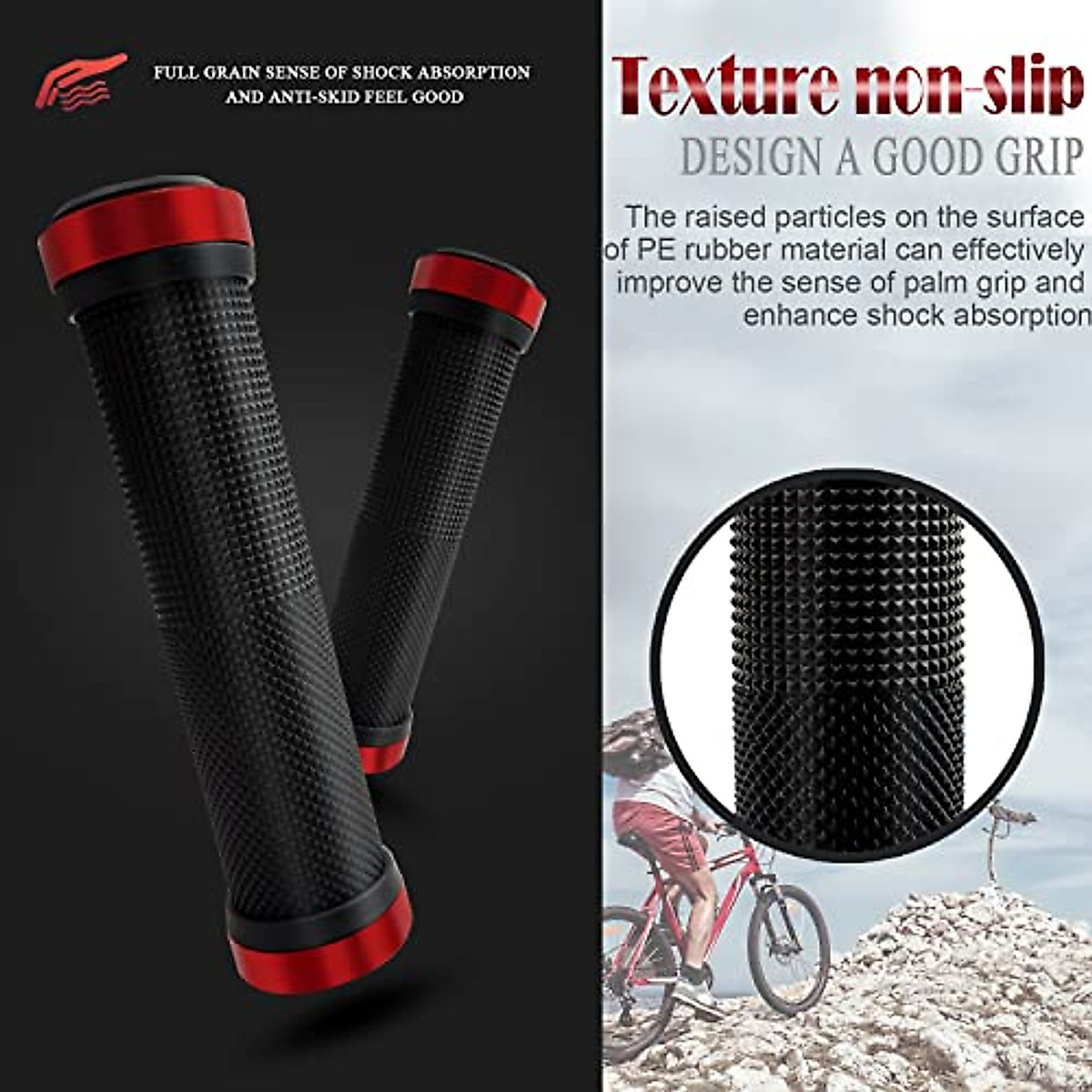 Bike Handlebar Grips, Non-Slip-Rubber Bicycle Handle Grip with Aluminum Lock, Bike Grip for Scooter Cruiser Tricycle Wheel Chair Mountain Road Urban Foldable Bike MTB BMX Beach Cruiser Scooter (Red)
