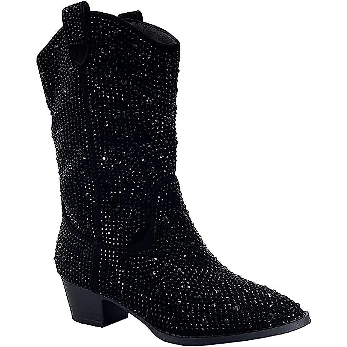 Forever Girls/Kids Rhinestone Western Cowgirl Cowboy Pointed Toe Low Heel Boots River-11K Black 2