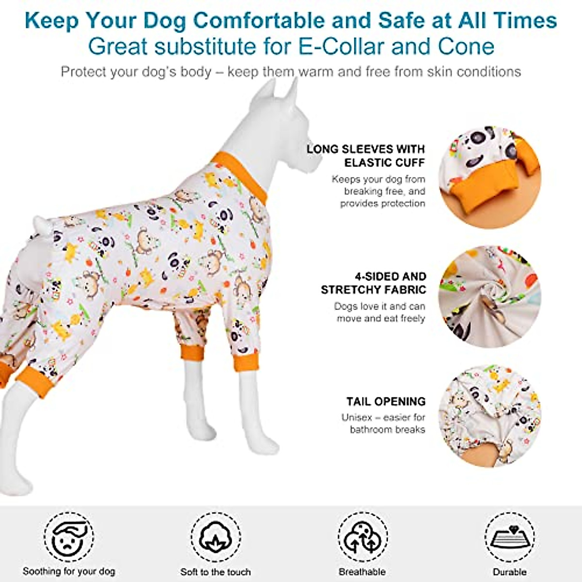 LovinPet Boxer/Pitbull Mix Pajamas - Pet Anxiety Relief Shirt, Dog Pajamas, UV Protection Comfy Stretchy Fabric, White Animal Print, Large Dog Pjs, Pitbull Clothes, Surgical Recovery Shirt,Orange 3XL