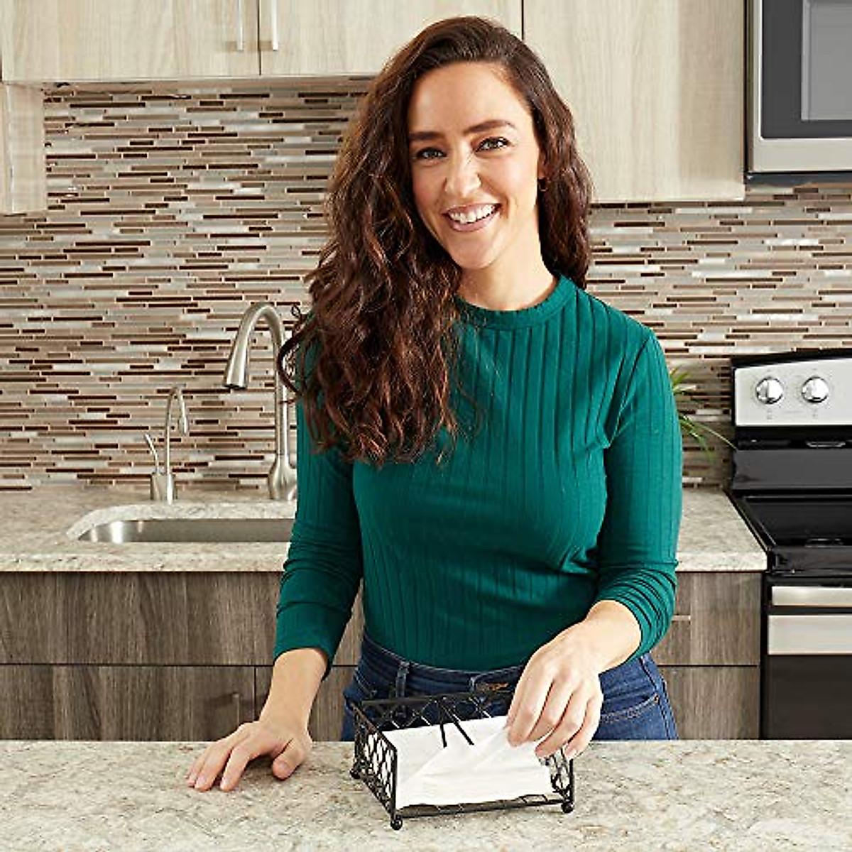 Lattice Collection Flat Napkin Holder (Black), By Home Basics, With Weighted Pivoting Arm | Large Napkin Holder/Napkin Holders For Kitchen