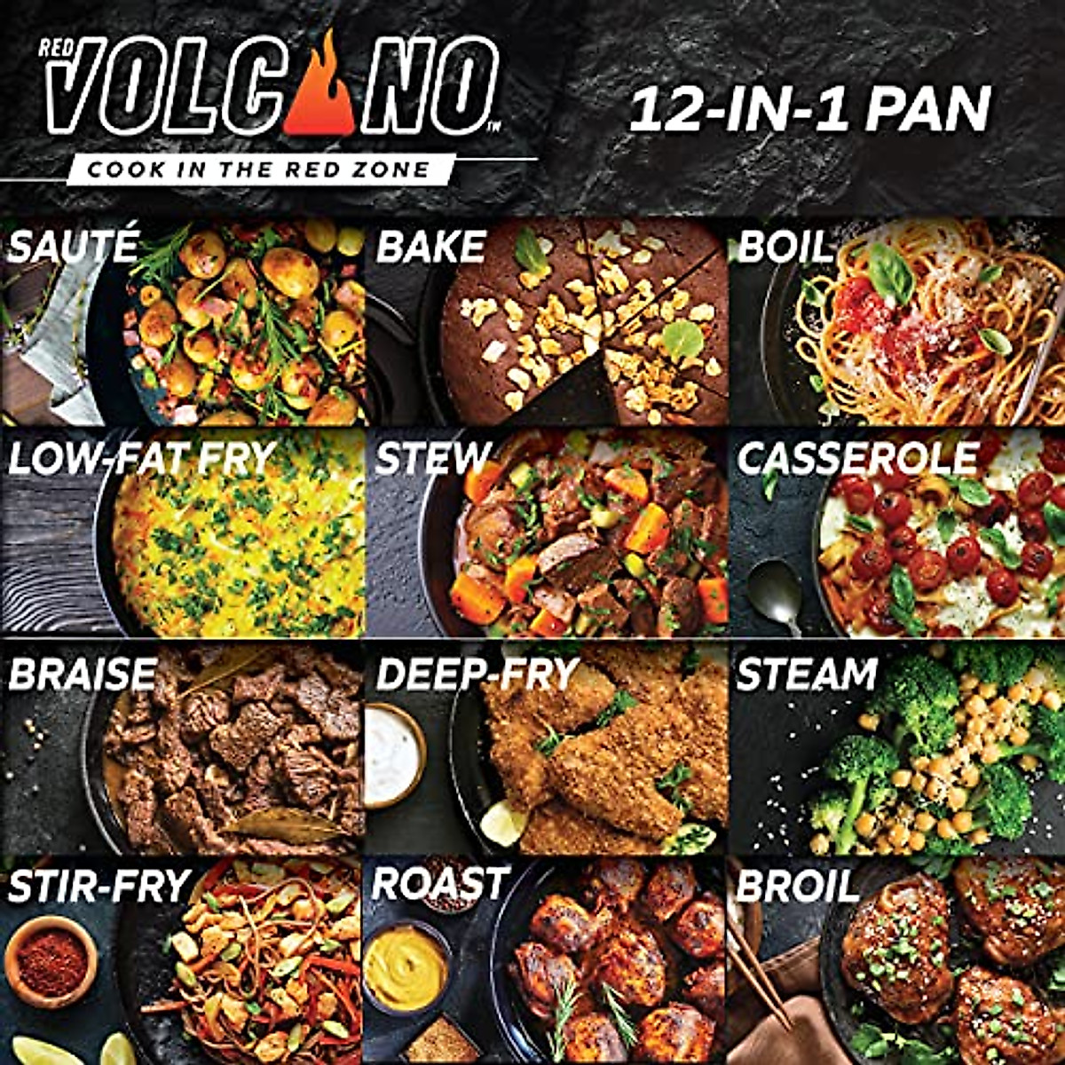 Red Volcano Textured Ceramic Nonstick, 11" Flat Bottom Wok Stir-Fry Pan with Lid for High Heat Cooking, Oven & Broiler Safe to 600 Degrees, Dishwasher Safe, PFAS PFOA & PTFE Free, Red