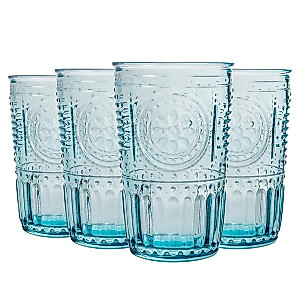 Bormioli Rocco Romantic Set Of 4 Tumbler Glasses, 11.5 Oz. Colored Crystal Glass, Light Blue, Made In Italy.