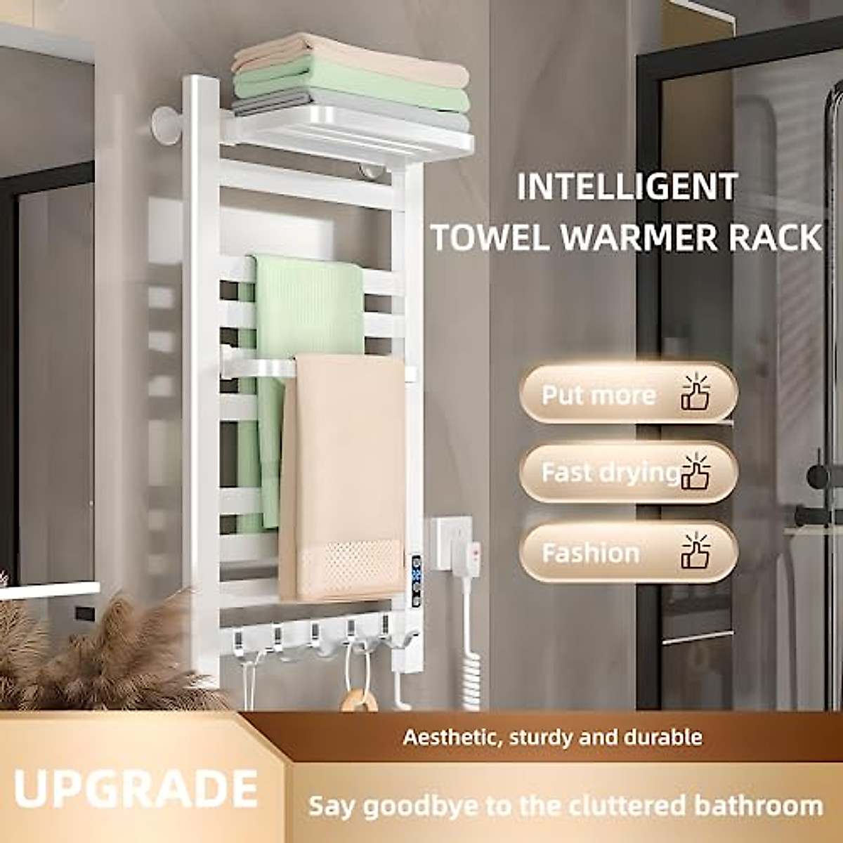 Heated Towel Rack, Electric Towel Warmer for Bathroom, Wall Hot Towel Warmer 10 Bar Touch Control, Timing, Temperature Display (10 Bar - 38in)