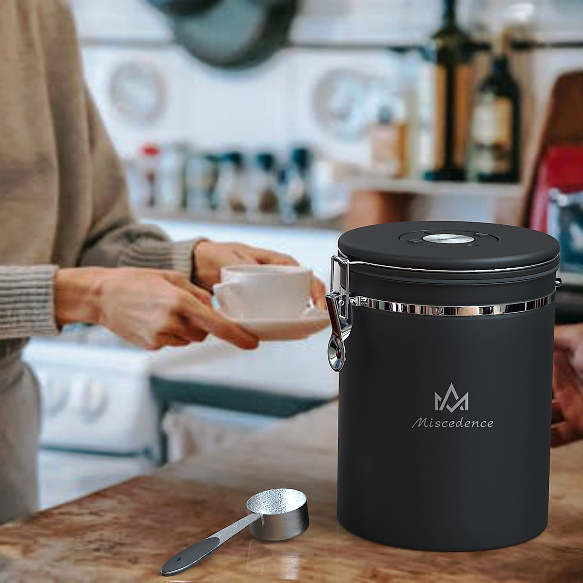 Miscedence 35OZ Coffee Canister for ground coffee with Date Tracker,One Way Co2 Valve 304 Stainless Steel Kitchen Food Airtight storage container for Coffee Beans or Grounds, Sugar (35oz Black-New)