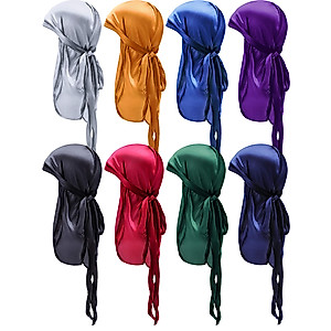 8 Pieces Satin Baby Durags Kids Satin Durag Caps Headwraps with Long Tail and Wide Straps for 360 Waves (Dark Color)