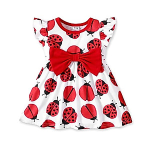 PATPAT Baby Girl Dress Cute Newborn Infant Girls Ruffle Sleeve Bowknot Dress Princess Casual Dress Ladybug 9-12 Months