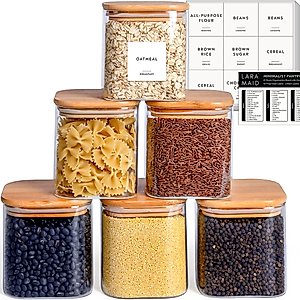 Laramaid 27oz 6Packs Square Glass Jars Set with Minimalist Pantry Labels, Square Pantry Jars with Bamboo Lids and White Customized Sticker Labels, Food Storage Containers for Home