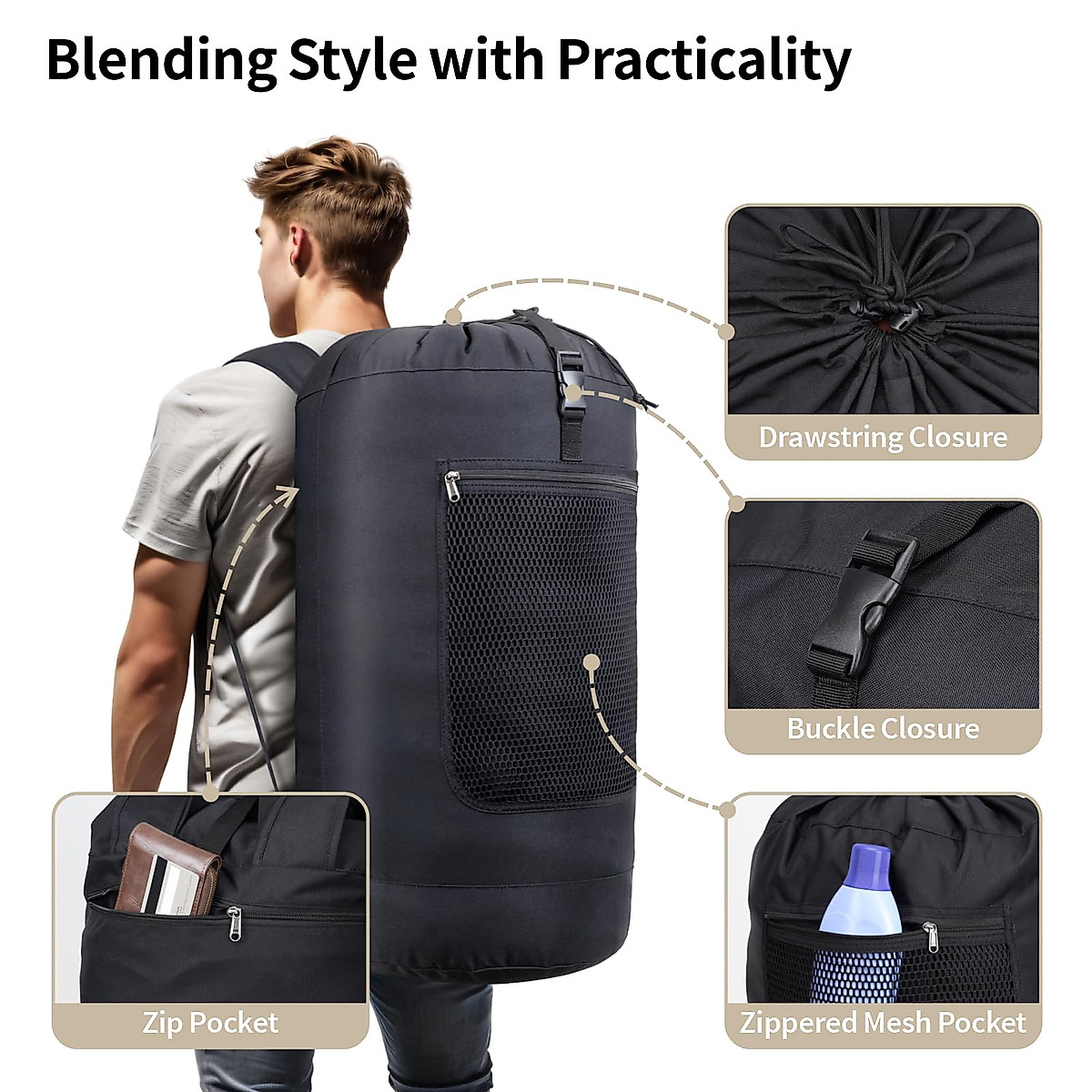 F-color Laundry Bag Backpack 75L - Large Capacity Laundry Backpack with Comfort Straps, Mesh and Zip Pocket, Sturdy Laundry Backpack for Dorm, College, Travel, Laundromat, Apartment, Black