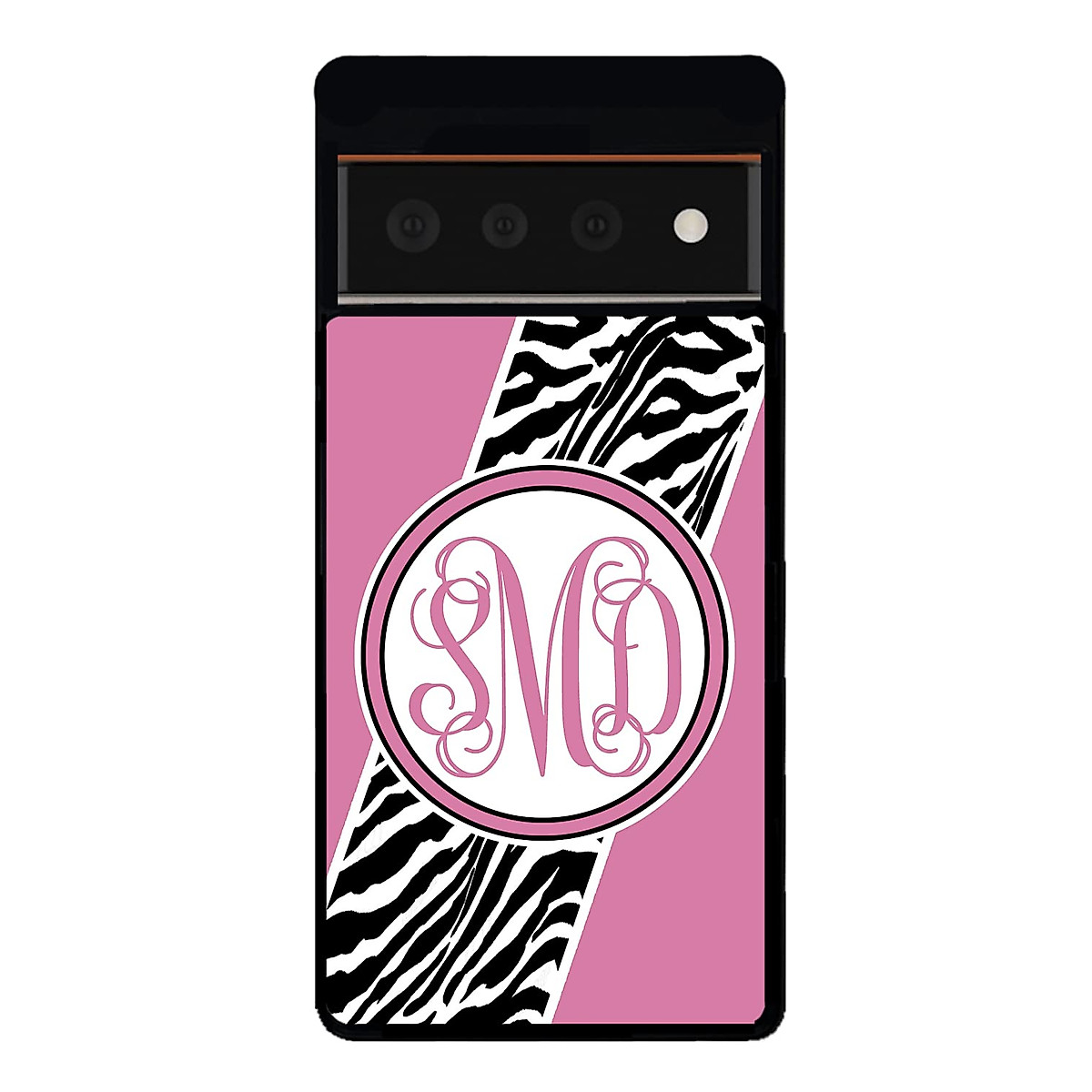 Zebra Animal Skin Pink Script Monogram Black Rubber Phone Case Compatible With Google Pixel 8 Pro, 8a, 8, 7a, 7, Pixel 7 Pro, 6a, Pixel 6 Pro, 6, 5, 4a 5G, 4a 4G, 4, 4 XL, 3a, 3a XL, 3, 3 XL, 2