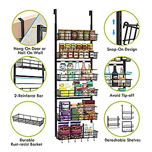 Mefirt Over The Door Pantry Organizer, Wall Mount Spice Rack, 6 Adjustable Baskets and Dual-use (Multi-use) Heavy-Duty Metal Hanging Seasoning Rack-Kitchen Organization,Bathroom,Closet, Cabinet,Cans
