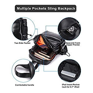 SEAFEW Black Leather Small Sling Bag Crossbody Backpack Shoulder Bag for Men Women, Hiking Daypack Multipurpose Anti-Theft Cross Body Chest Bags, One Strap Backpack for Walking Biking Travel Cycling