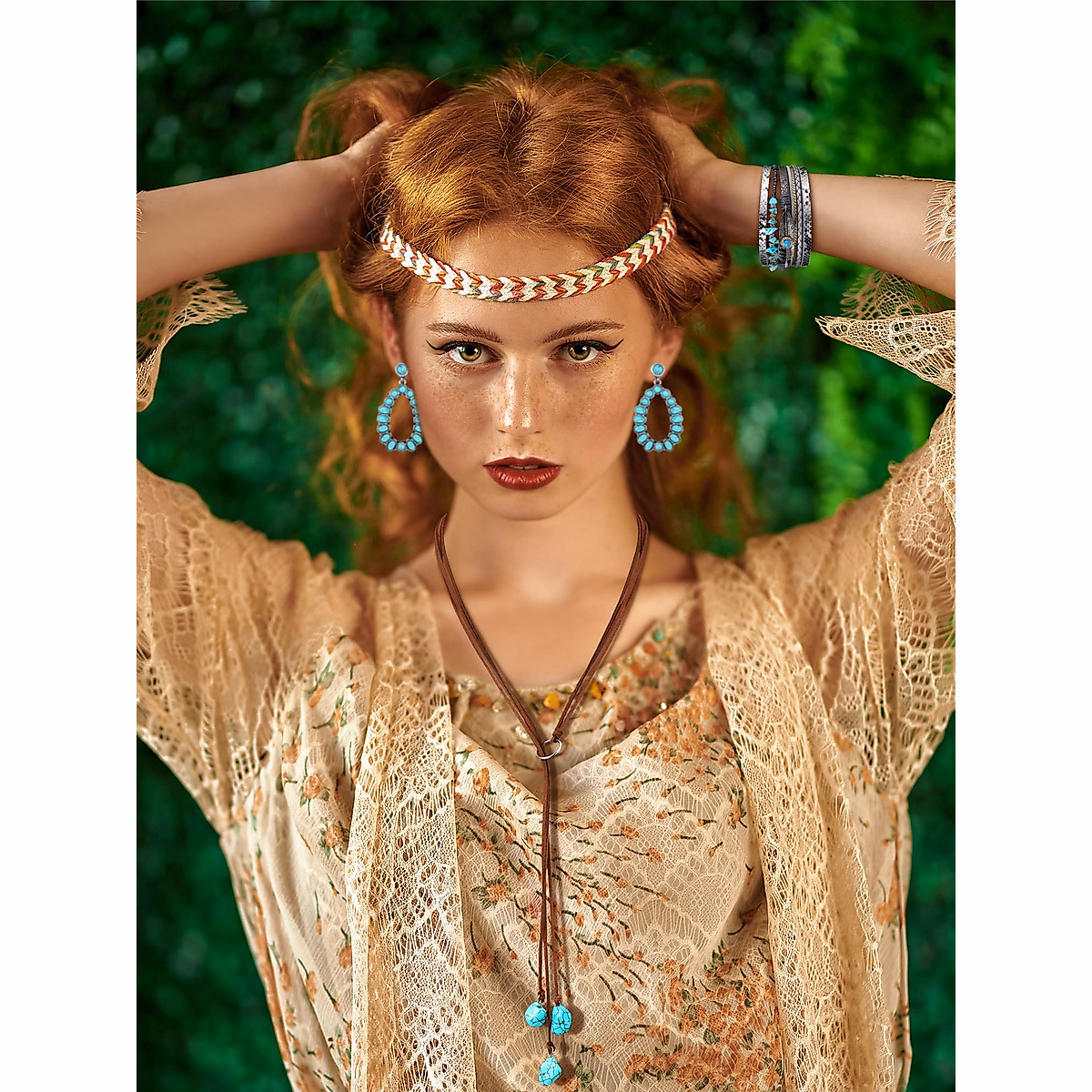 Inbagi 3 Pcs Western Jewelry for Women Bohemian Set, Boho Pendant Long Choker, Faux Leather Layered Bracelet, Dangle Earrings(Elegant Style)