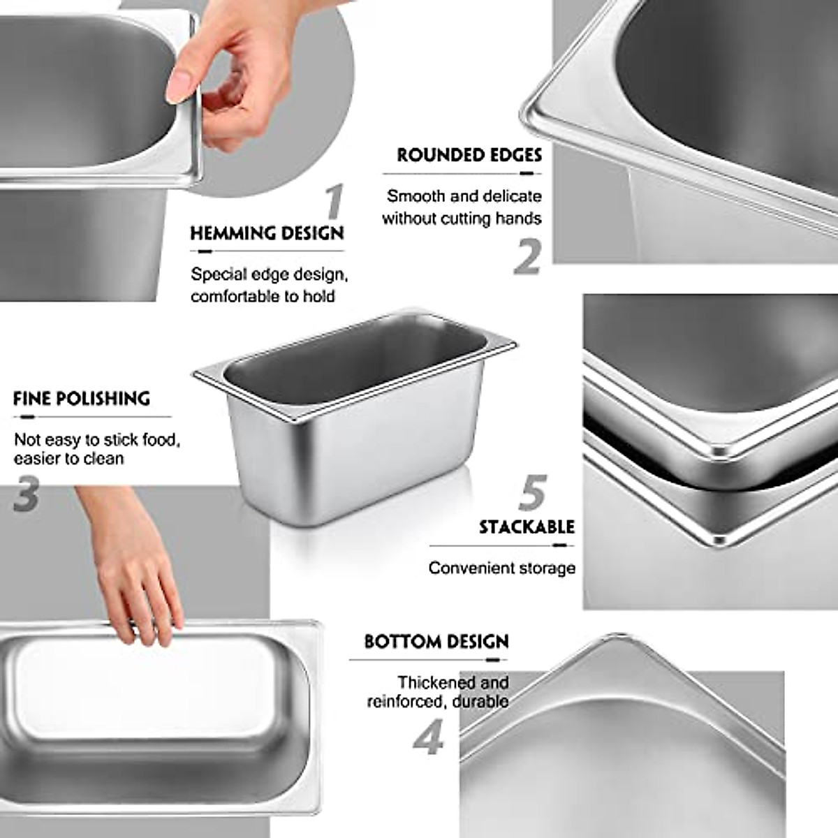 10 Pack Hotel Pans Stainless Steel Steam Table Water Pan 1/3 Size, 0.8 mm Thick Steam Pan Anti Warming Pans for Food Warmer Party Restaurant Catering Supplies, 12.8 x 6.9 Inch (6 Inch Deep)