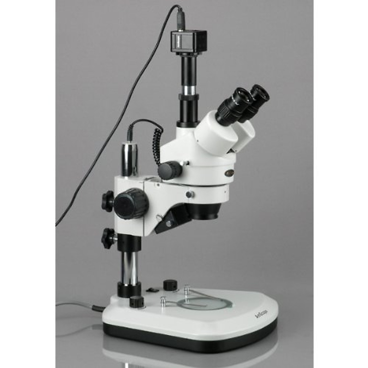 AmScope SM-1TZ-PL-5M Digital Professional Trinocular Stereo Zoom Microscope, WH10x Eyepieces, 3.5X-90X Magnification, 0.7X-4.5X Zoom Objective, Upper and Lower LED Lighting, Large Pillar-Style Table Stand, Includes 0.5X and 2.0X Barlow Lenses and 5MP Came