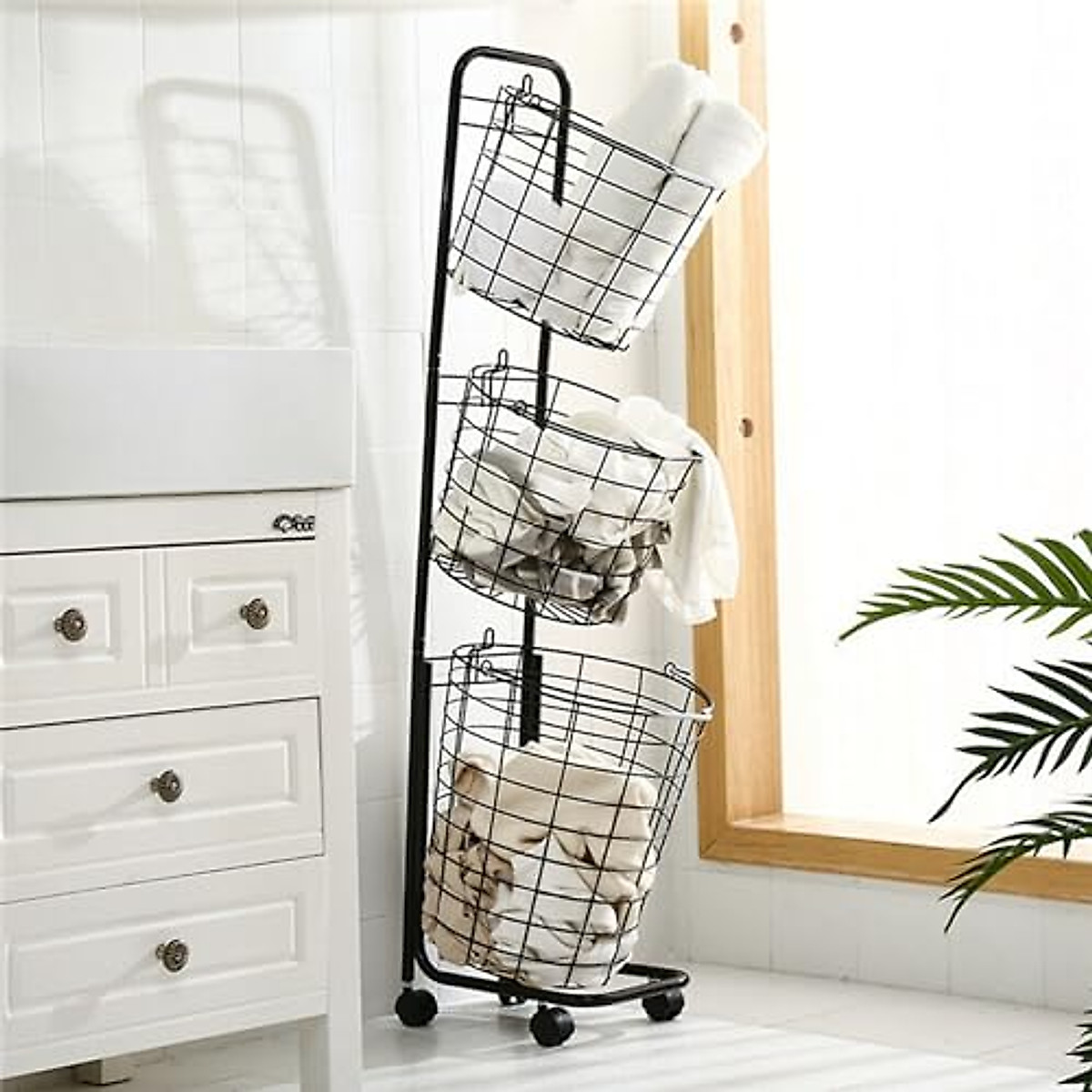 Removable 3 Tier Metal Rolling Laundry Basket Cart,Large Capacity Wire Basket Laundry Hamper with Wheels, Laundry Butler for Bathroom Bedroom Laundry Room