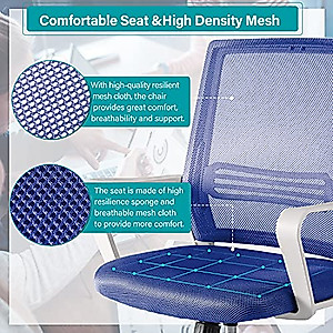 Office Chair, Ergonomic Mid Back Desk Chair with Lumbar Support, Adjustable Swivel Mesh Computer Chair with Armrests for Home, Office, Blue