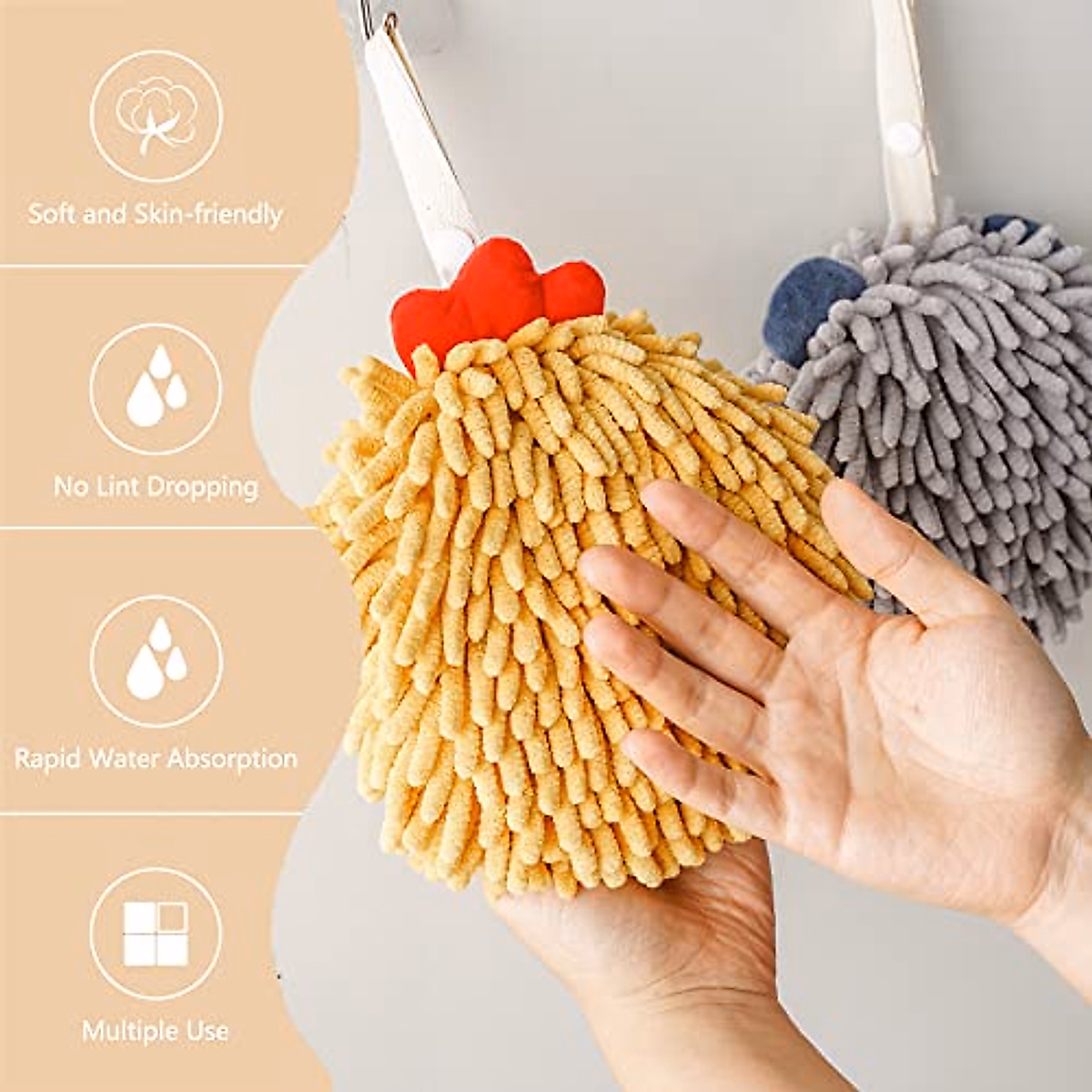 Bunnikins & Clover 4-Pack Chenille Cute Kids Hand Towel with Hanging Loop, Microfiber Plush Absorbent Toddler Hand Bath Towels for Bathroom Kitchen