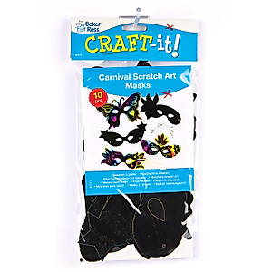 Baker Ross ET771 Carnival Scratch Art Masks - Pack of 10, Rainbow Scratch Paper with Stylus for Kids to Decorate in Arts and Crafts Activities, Black