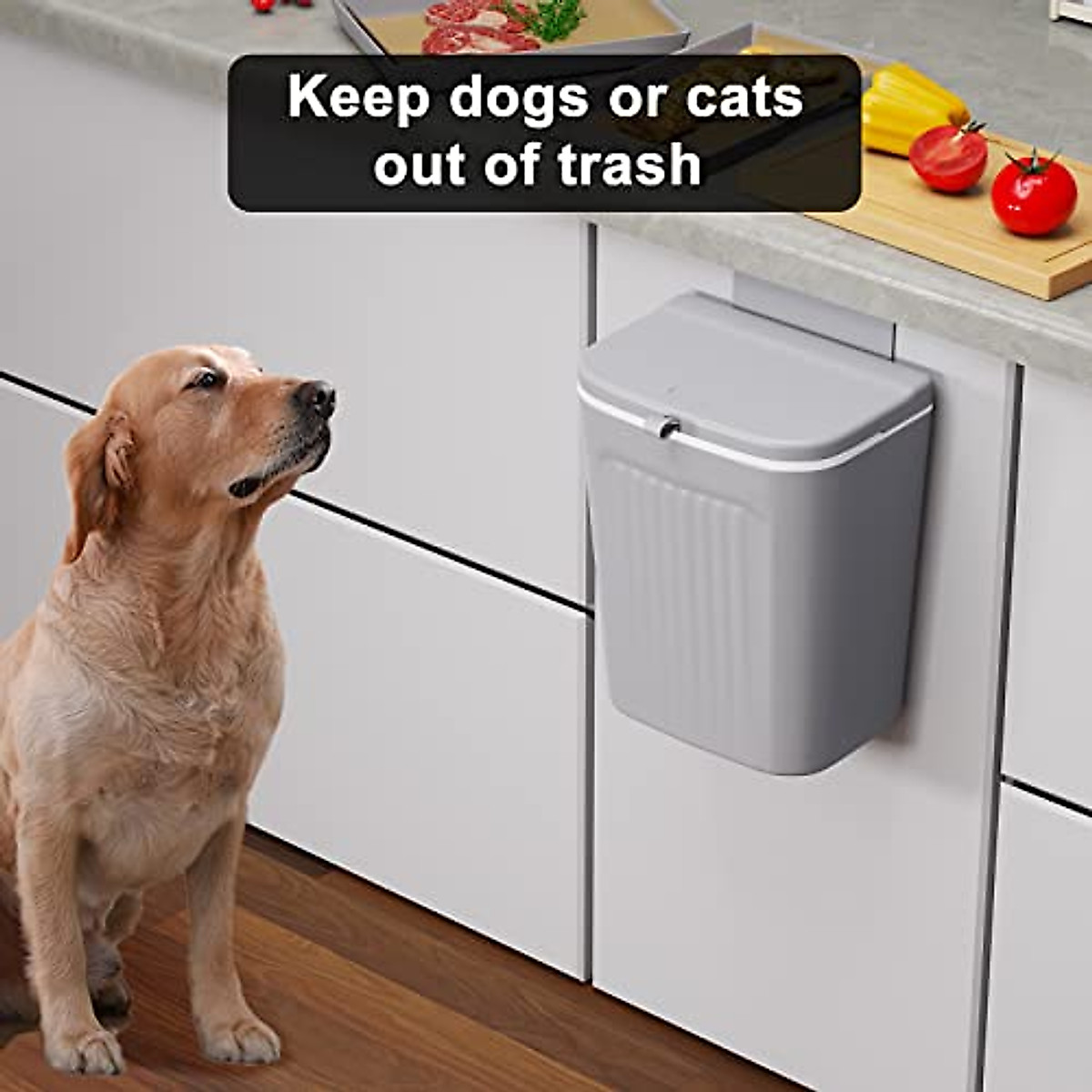 NetDot 4 Pack Trash Can with Lid,2 Pack 12L/3.2-Gallon and 2 Pack 9L/2.4-Gallon Hanging Trash Cans,Small Garbage Can Waster Basket for Bathroom,Kitchen, Living Room - Gray