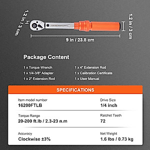 VEVOR Torque Wrench, 1/4-inch Drive Click Torque Wrench 20-200in.lb/3-23n.m, Dual-Direction Adjustable Torque Wrench Set, Mechanical Dual Range Scales Torque Wrench Kit with Adapters Extension Rod