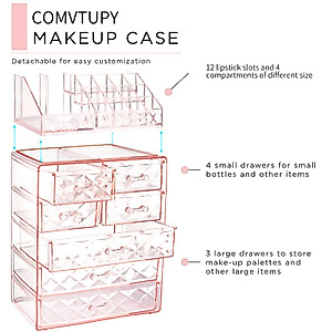 COMVTUPY Clear Makeup Organizer with Brush Holder, Large Acrylic Cosmetic Display Jewelry & Make Up Organizers and Storage for Vanity, Bathroom (3 Large, 4 Small Drawers, Diamond Pink)