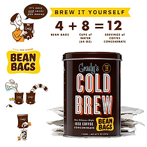 Grady's Cold Brew Coffee | Original - Brewed Strong | New Orleans Style Cold Brewed coffee Concentrate | Medium Roast Gourmet Coffee | Coffee Can | 4 Bean Bags | 12 Servings Per Can