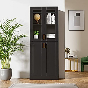 Cozy Castle 70" Tall Display Cabinet, Pantry Cabinet with Acrylic Glass Doors and Adjustable Shelves, China Cabinet, Office Storage Cabinet, Bookcase, Black