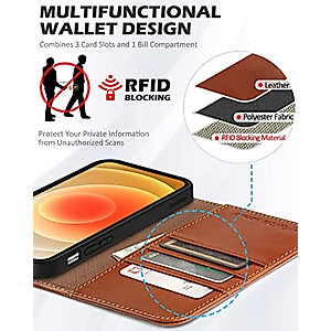 SHIELDON Wallet Case for iPhone 12 5G, Genuine Leather Folio Case Magnetic Shock Absorbing Case RFID Blocking Credit Card Holder Kickstand Compatible with iPhone 12/12 Pro 6.1" - Retro Brown