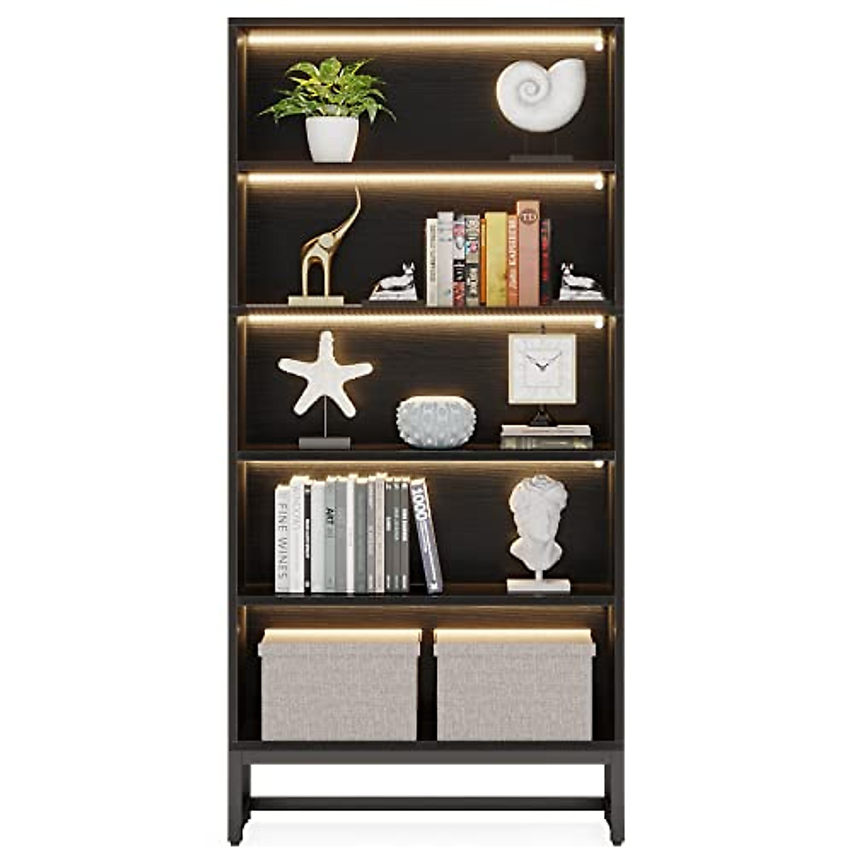 LED Bookcase, 70.8” Tall Bookshelf with Closed Back Shelf, 5-Tier Large Bookcases Organizer with Storage Shelves, Heavy Duty Freestanding Library Book Cases Shelving Unit for Living Room, Bedroom