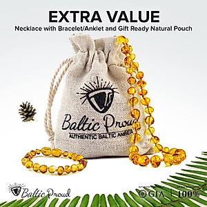 Baltic Proud Amber Necklace and Bracelet Gift Set (Unisex Honey 12.5 Inches/5.5 Inches) - Certified Premium Quality Raw Baltic Sea Amber