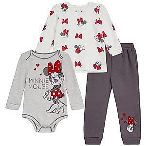 Disney Baby Girls' Jogger Set - 3 Piece Bodysuit, Long Sleeve Shirt Fleece Pant Set: Minnie Mouse, Winnie the Pooh (0-4T), Size 3T, Minnie Red/Charcoal