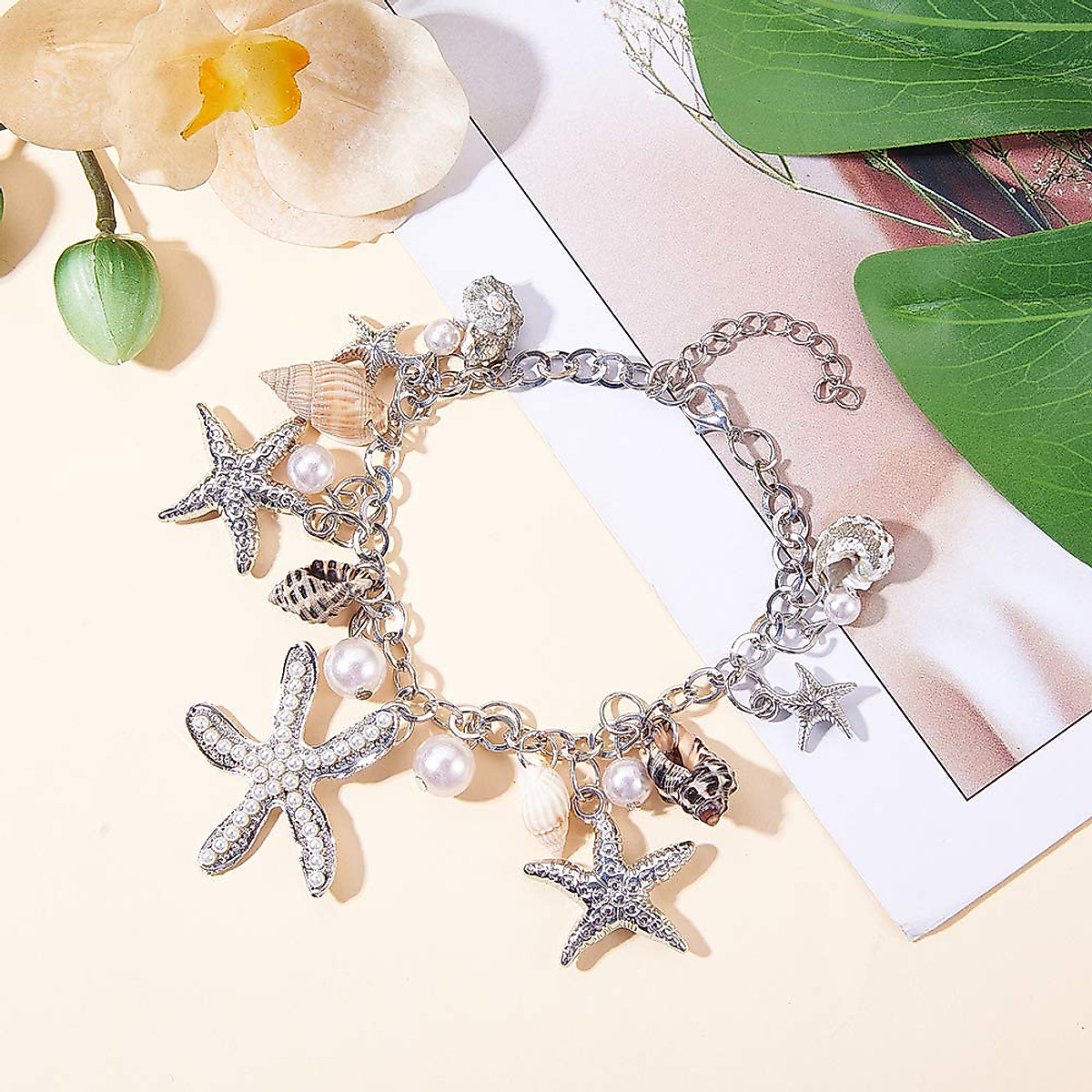 PH PandaHall Starfish Shell Anklet Bracelets, 7" Mermaid Bracelets Conch Starfish Faux Pearl Anklet Bracelet Charm Women Bohemian Adjustable Shell Bracelet Mermaid Costume Jewelry for Women, Silver