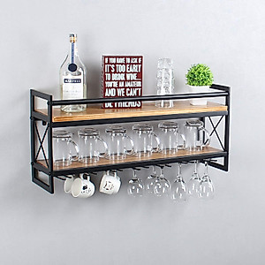 OISSIO Industrial Stemware Rack,Wine Rack Wall Mounted with Wood Shelves,2 Tier Stemware Storage with 7 Stem Glass Holder for Wine Glasses,Mugs,Home Decor,Black(30 inch)